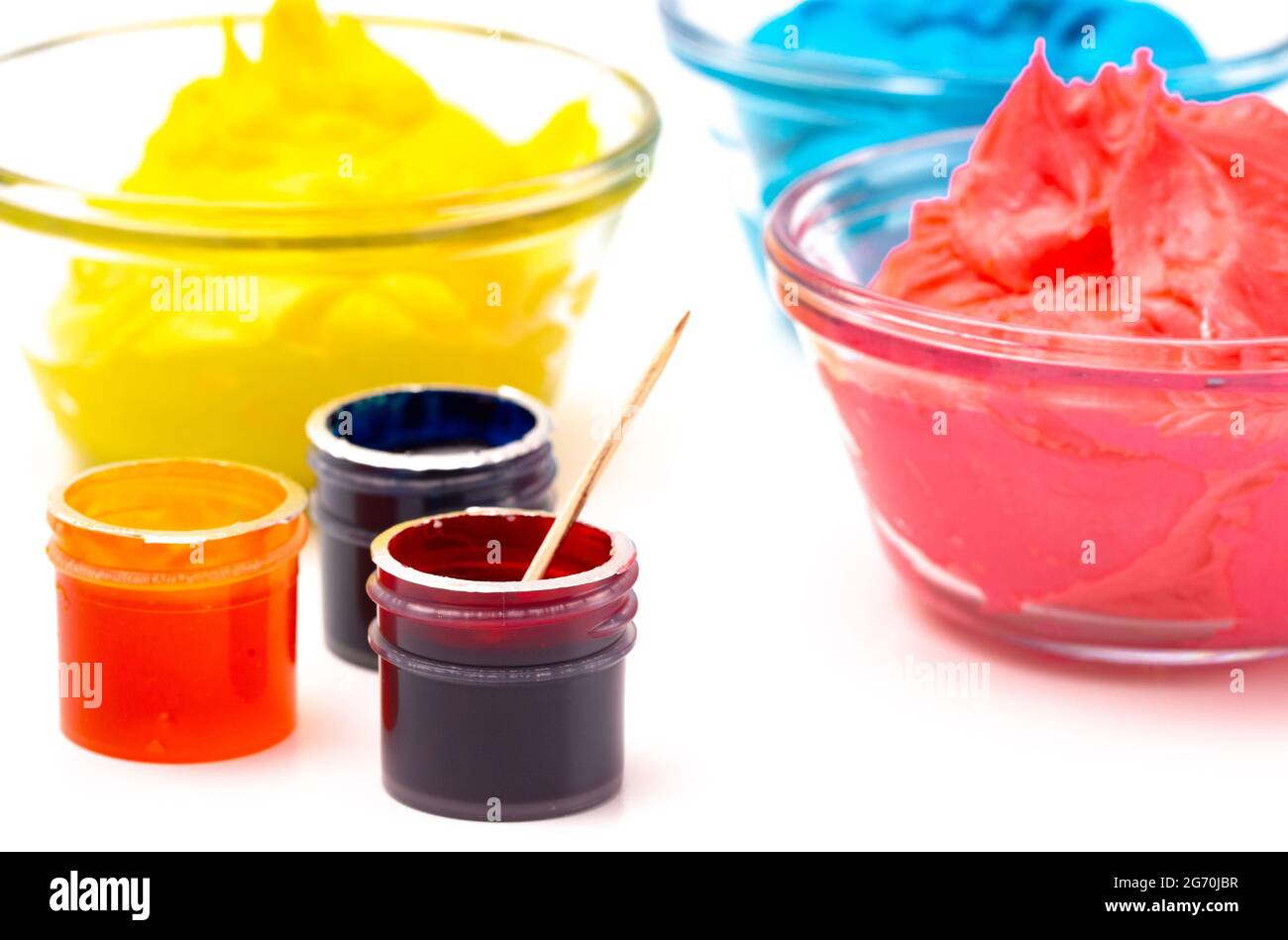 Opened Pots of Red Yellow and Blue Gel Food Coloring for Baking ...