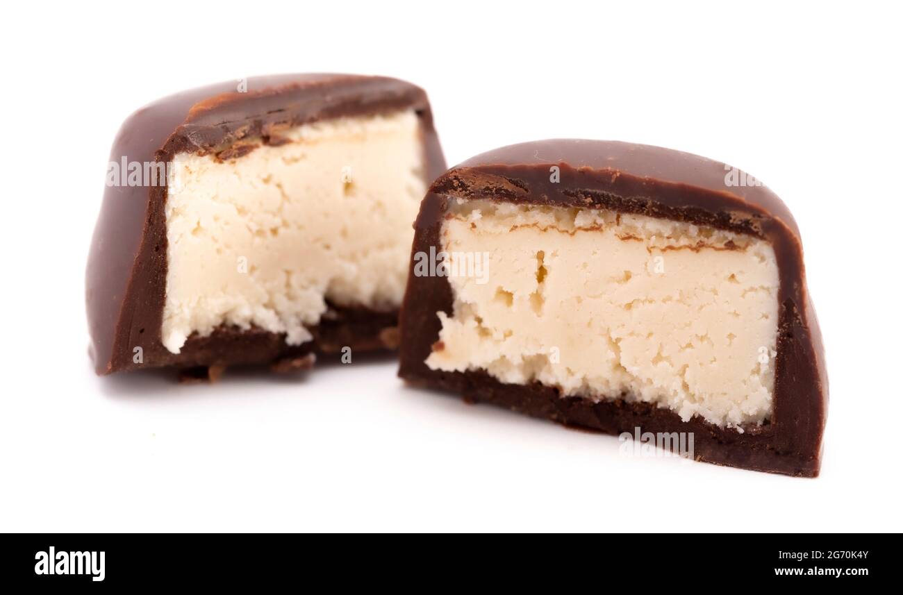 A Chocolate Vanilla Cream Truffle Cut Open and Isolated on a White ...