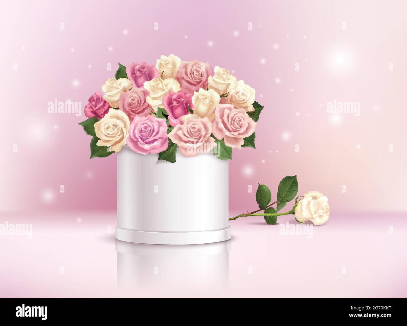 Realistic composition with romantic bunch of colorful roses in box ...