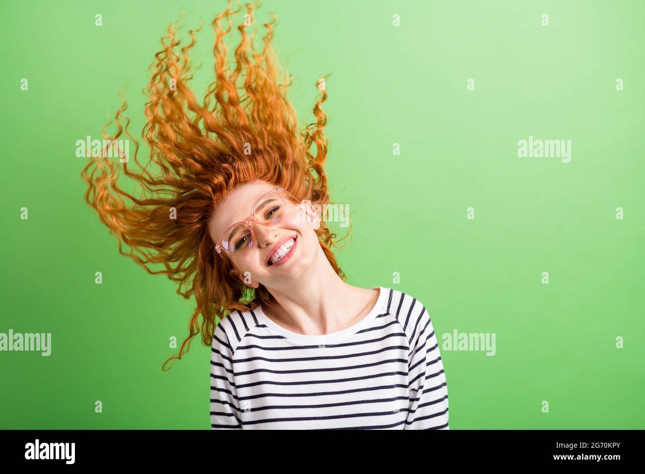 Photo of charming pretty young woman wear striped shirt spectacles air ...