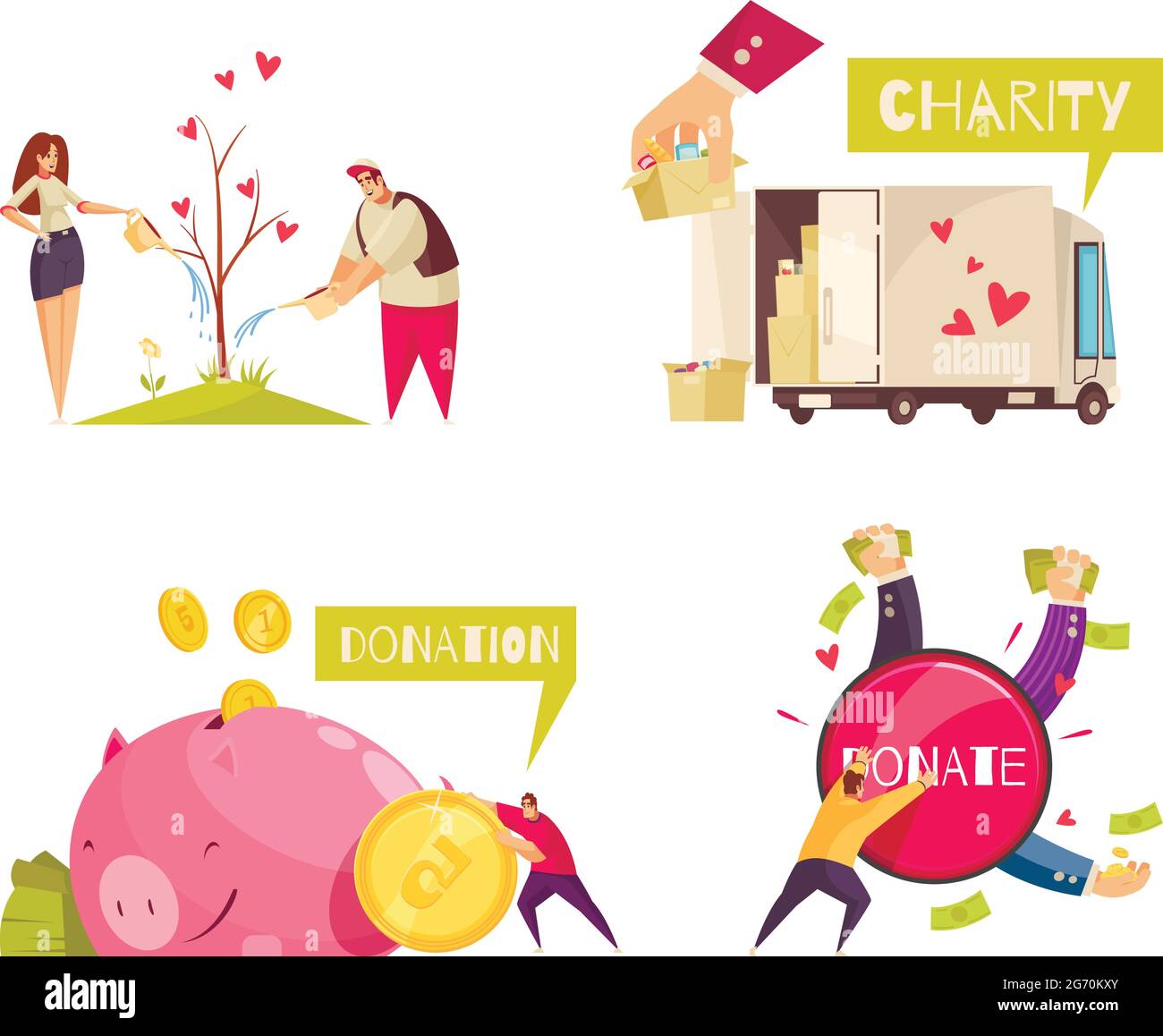 Charity design concept with images of money coins with donated items ...