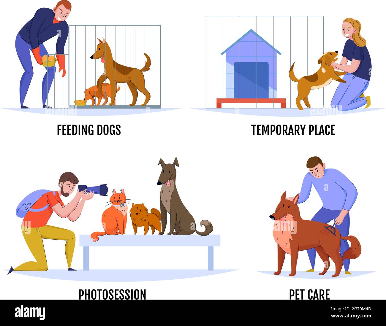 Animal shelter compositions set with doodle images of animals and human ...
