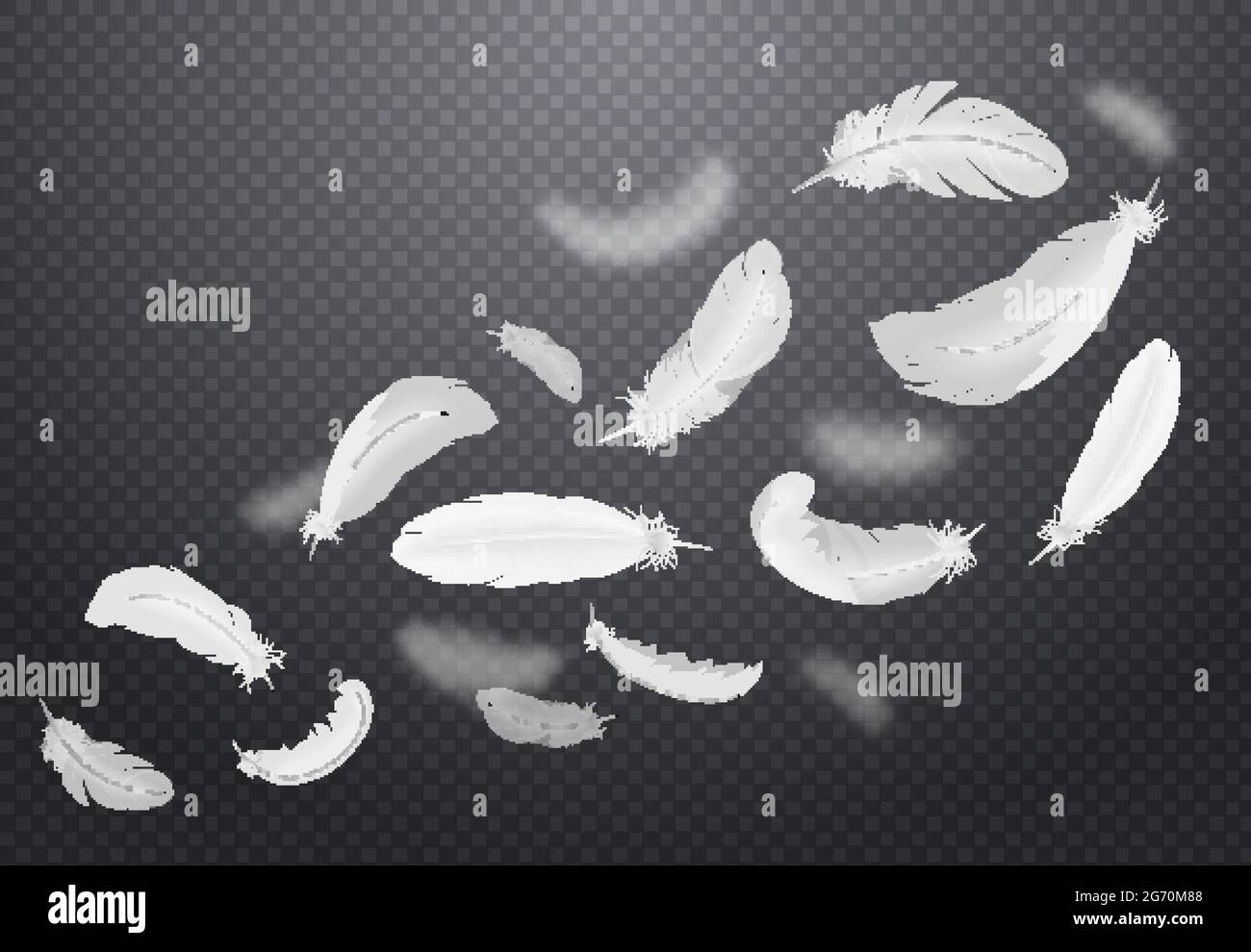 Set of white falling bird feathers on dark transparent background in ...