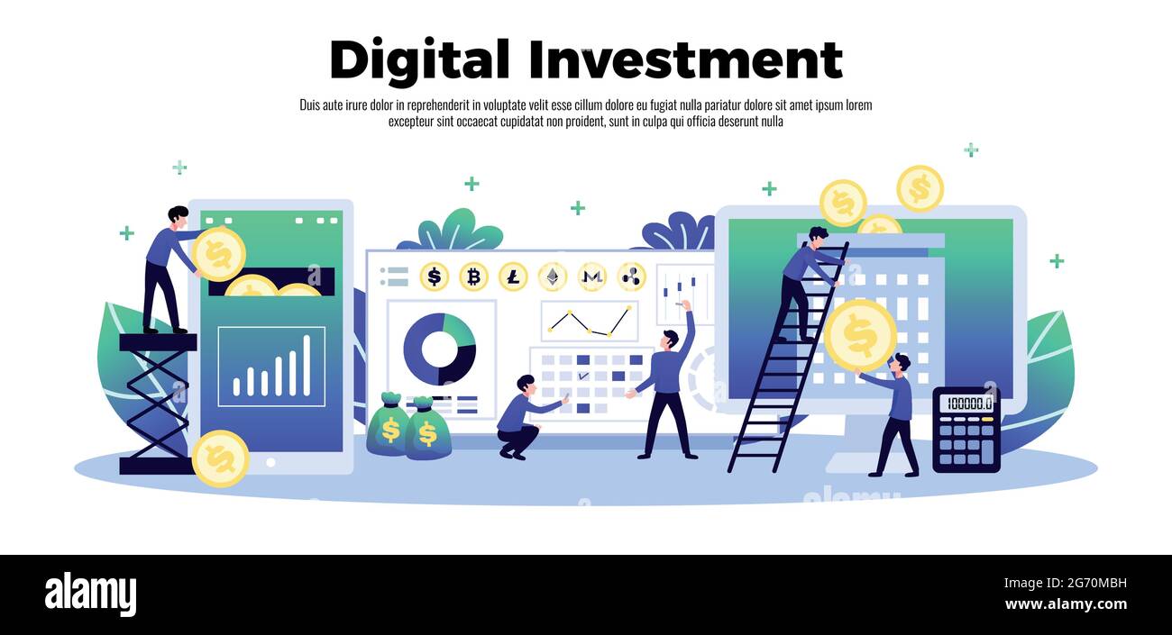 Digital investment horizontal composition with images of computer ...