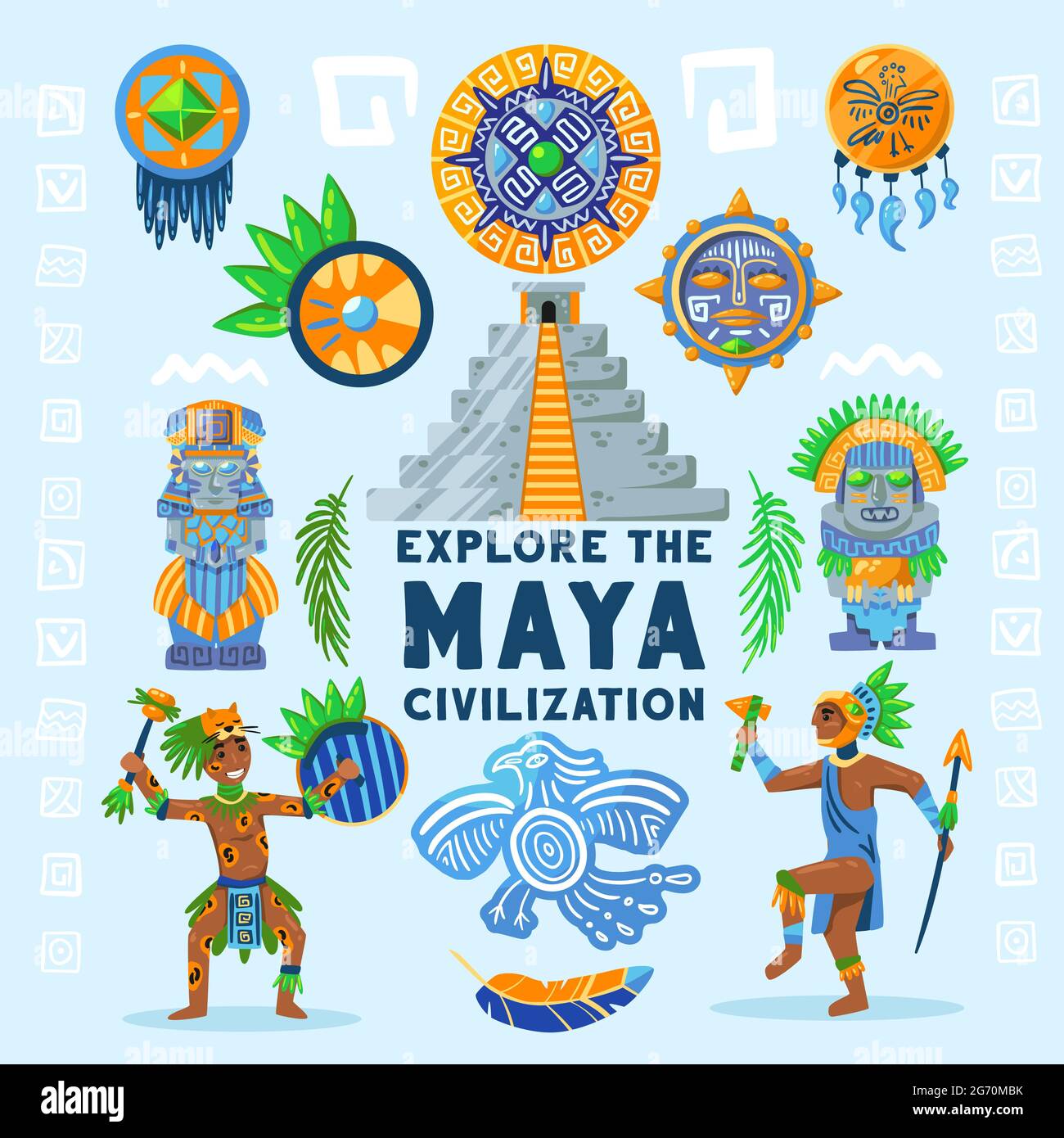 Maya civilization flowchart background composition with text surrounded ...