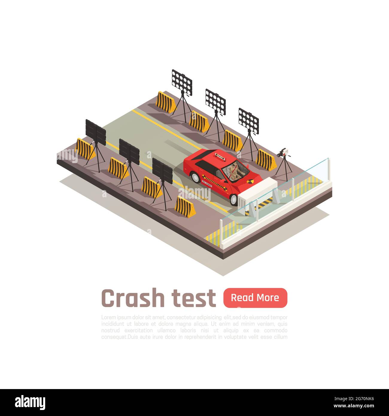 Crash Test Car Safety Isometric Composition With Image Of Car Crashing Into Barrier Camera And