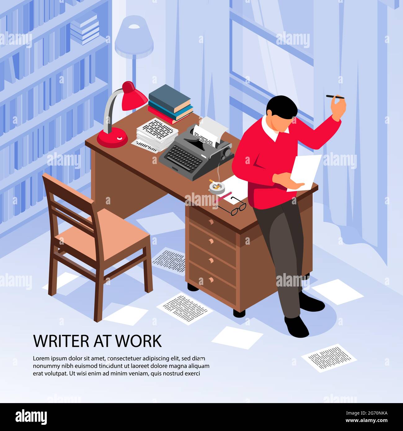 Writer at work getting creative ideas at workplace isometric ...