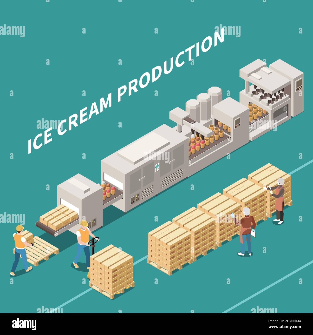 Ice cream manufacture background with people working on automatic line ...