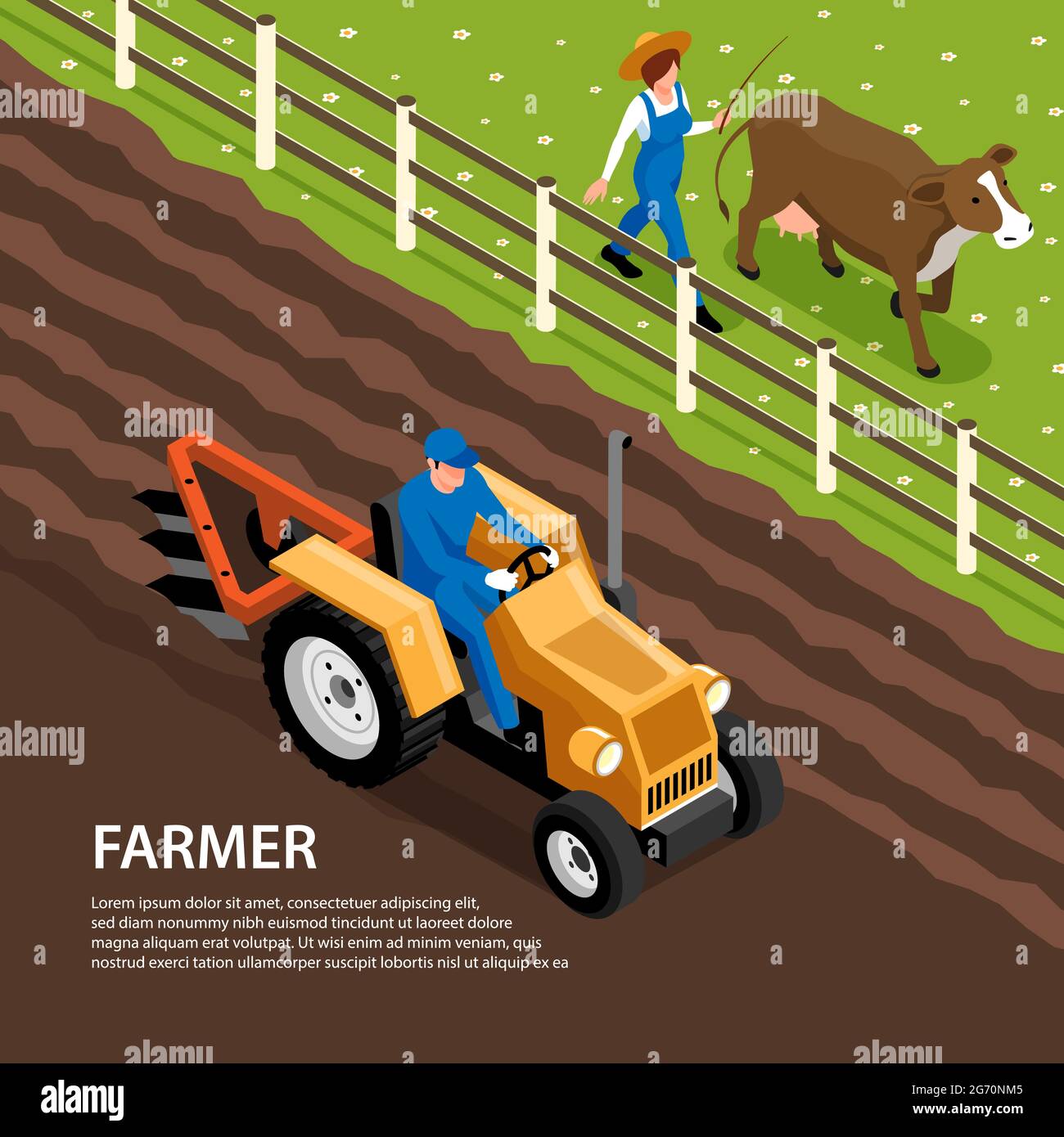 Farmer daily work isometric composition with tractor plowing soil and ...
