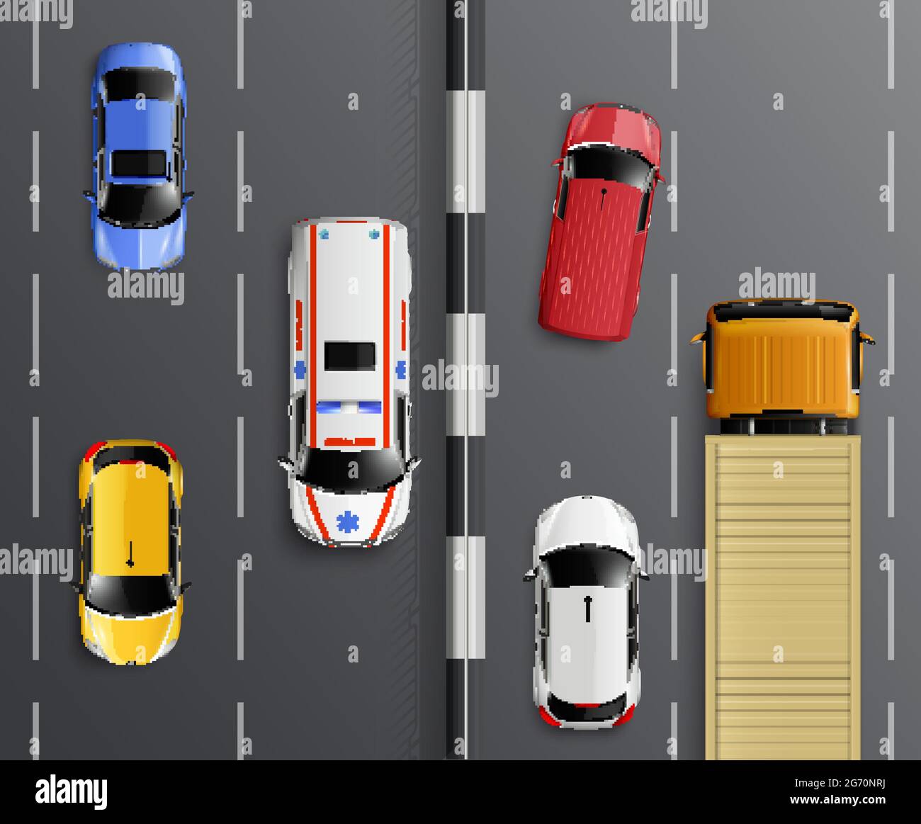 Cars top view realistic composition with traffic lanes barrier and ...
