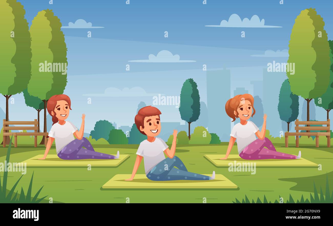 Kids yoga background with training in park symbols cartoon vector ...