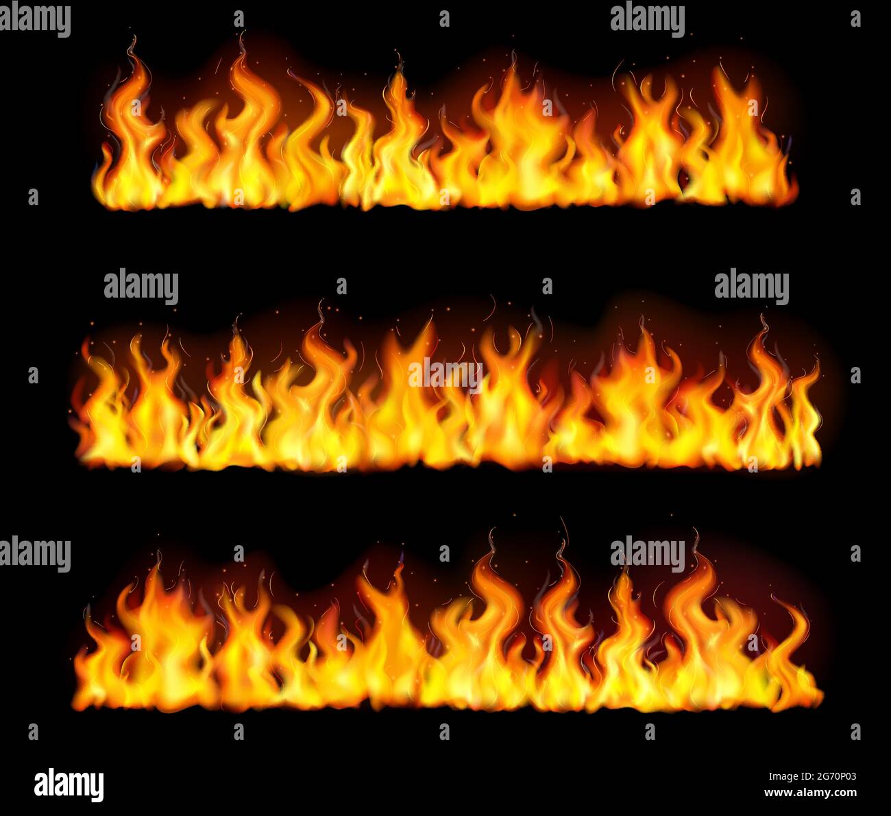 Isolated realistic fire flame borders icon set with three tall long ...