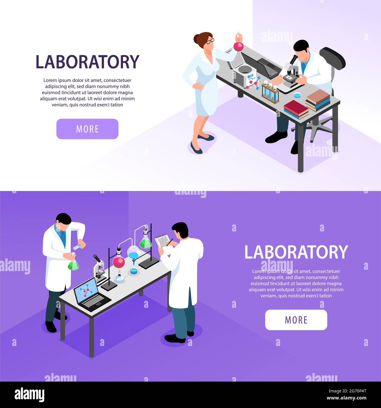 Scientists working in pharmaceutic laboratory isometric banners set on ...