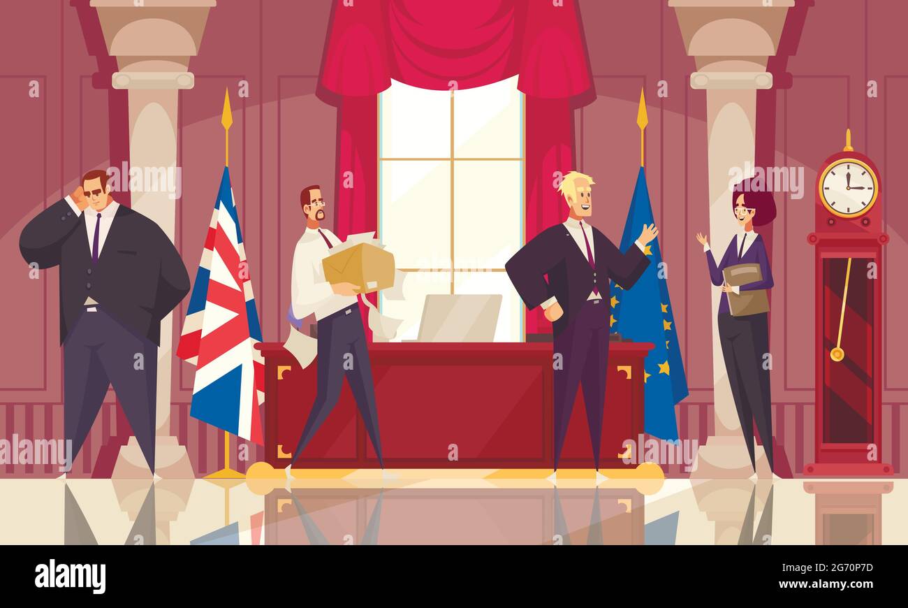 Presidential workplace interior flat cartoon composition of work moment ...