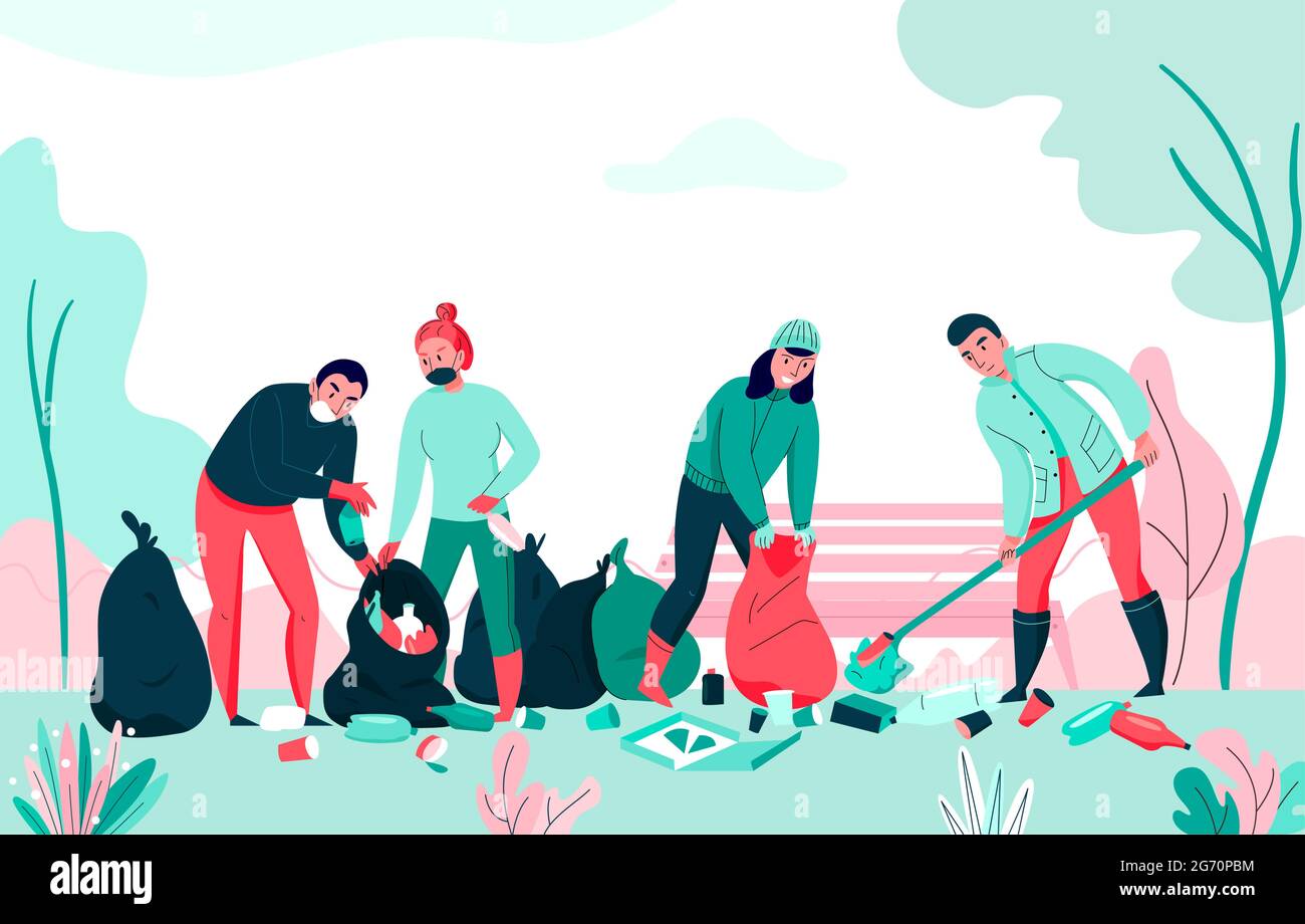 Pollution background with group of people collecting garbage flat ...