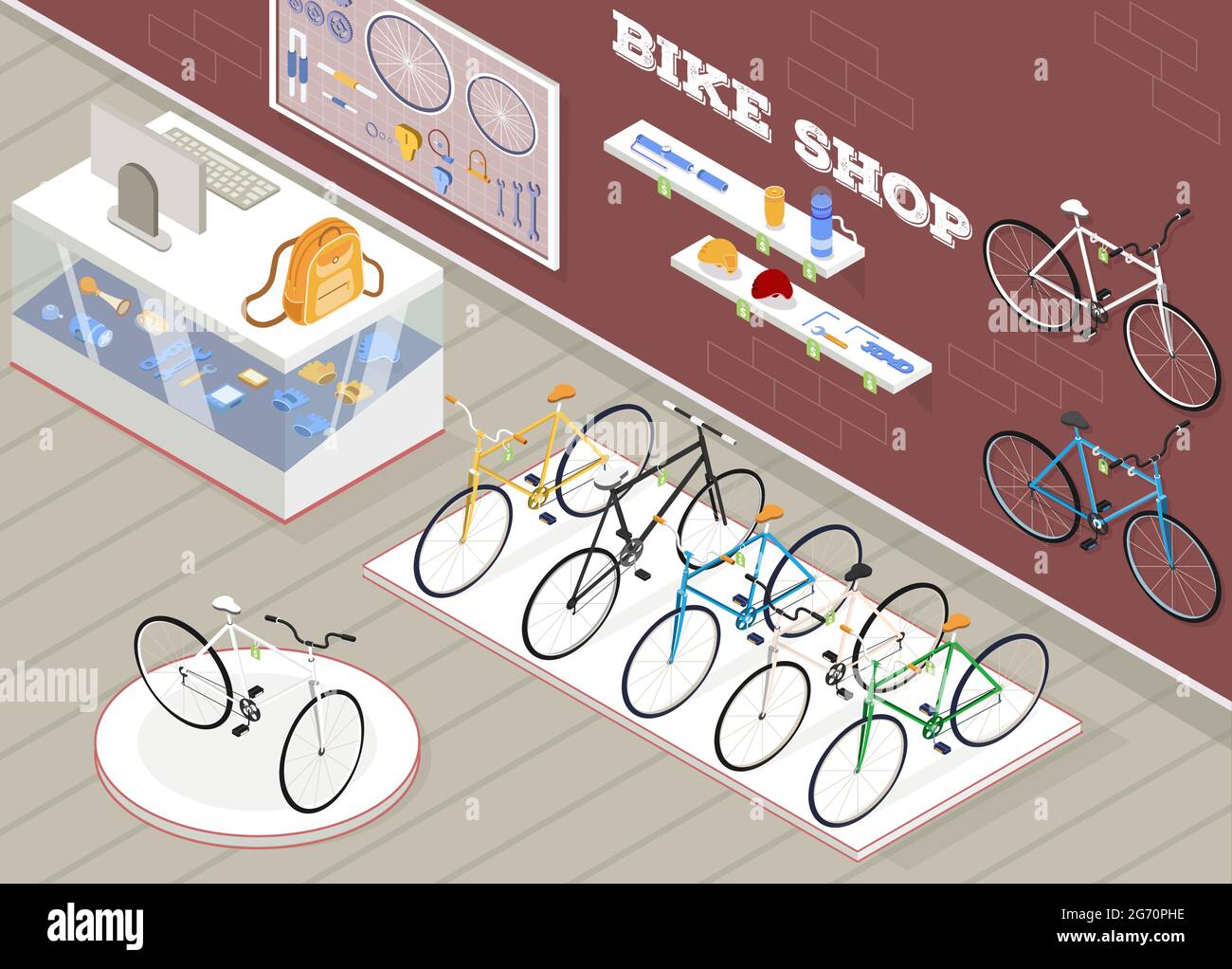 Bicycle shop isometric background with bike accessories and devices ...