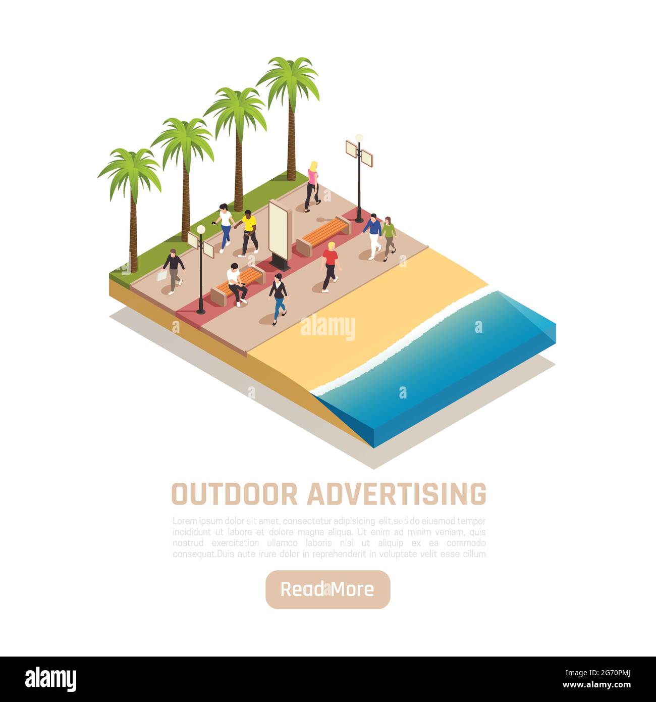 Outdoor advertisement isometric background with coastline and trees ...
