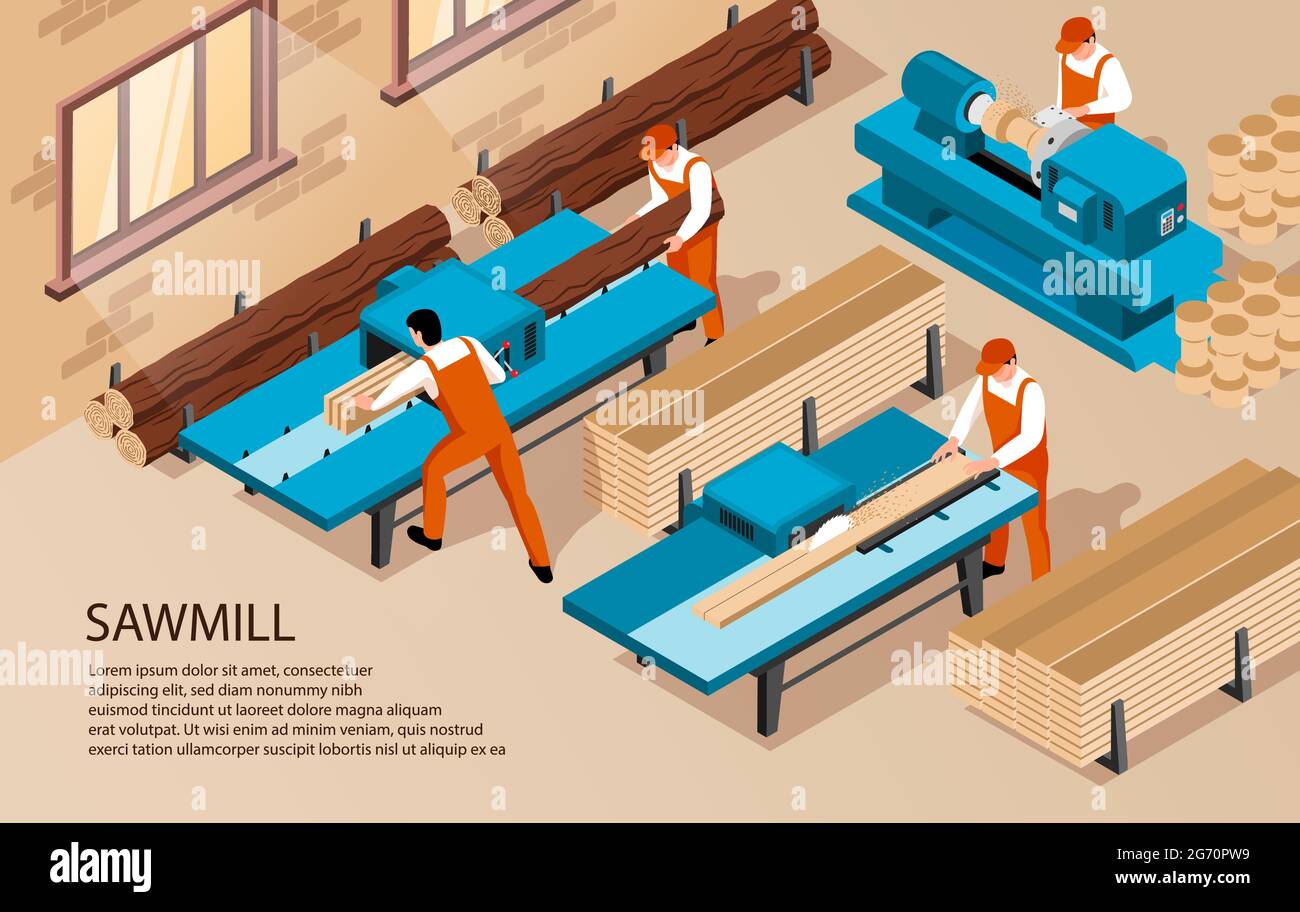 Isometric sawmill woodworking horizontal background with text and ...