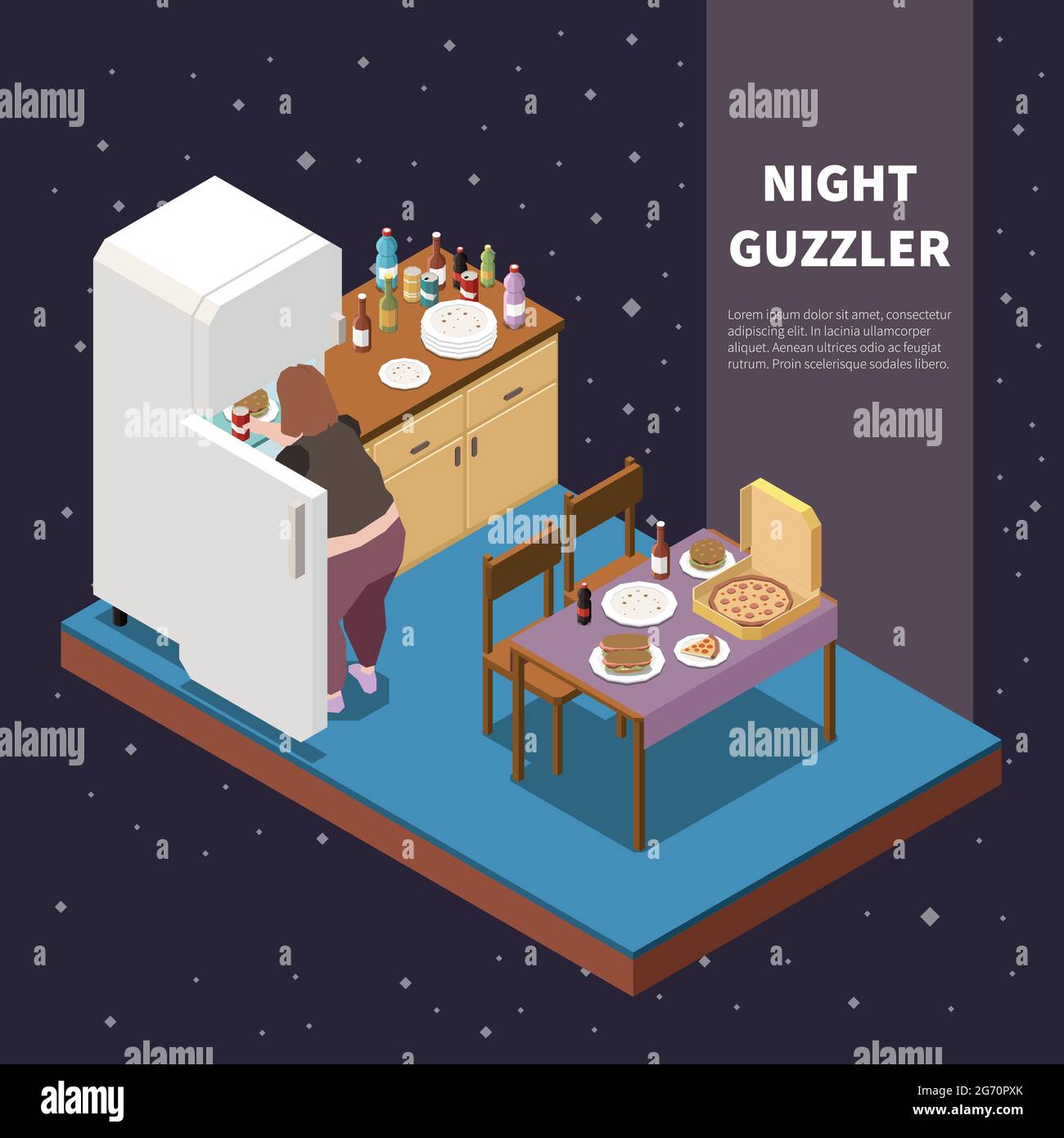 Gluttony isometric concept with night guzzler taking food out of fridge ...