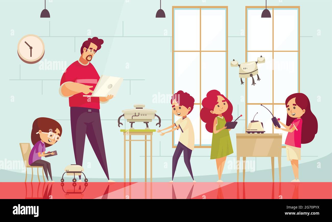 Robotics school for kids cartoon background with teacher programming different kinds of robots ...