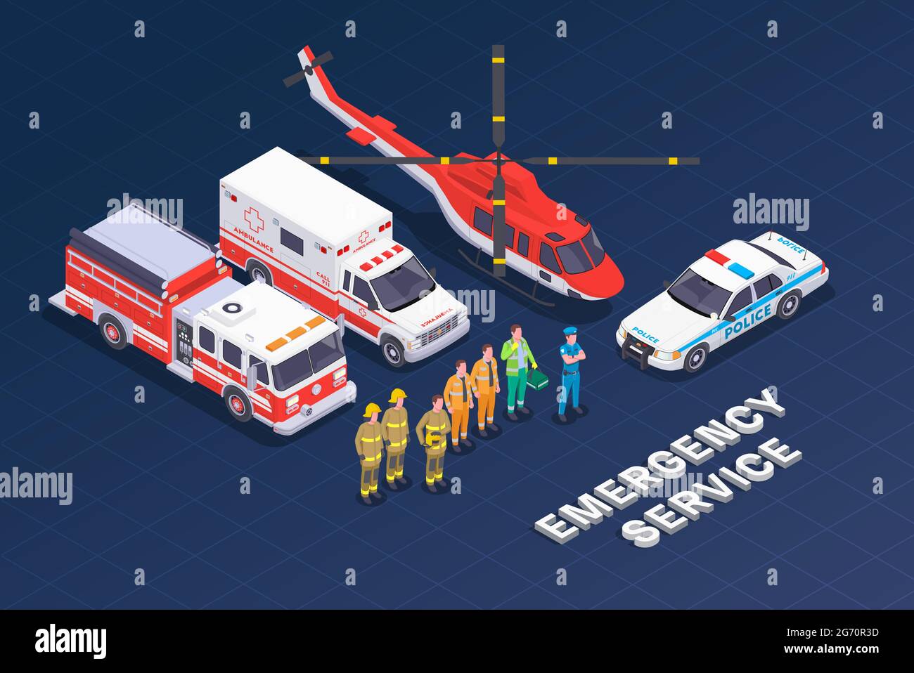 Emergency service isometric composition with images of special vehicles ...