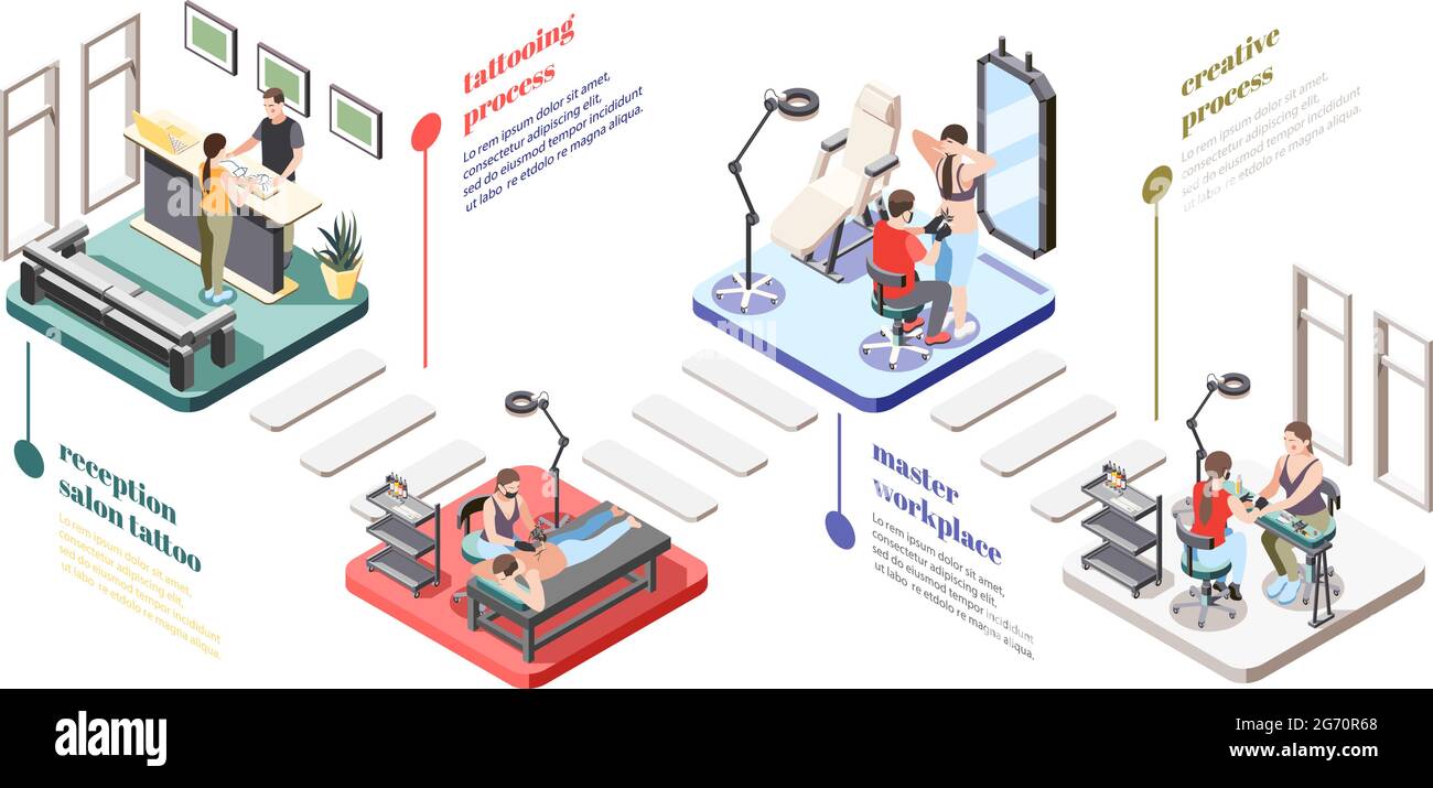Tattoo studio isometric flowchart with reception master workplace equipment client choosing ...