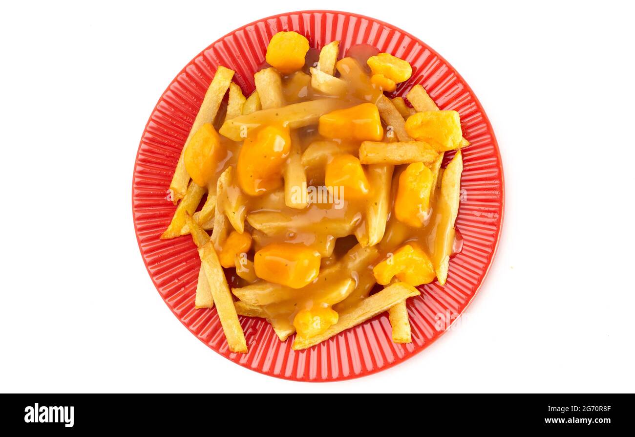 Poutine with Orange Cheddar Cheese with Brown Gravy on French Fries ...