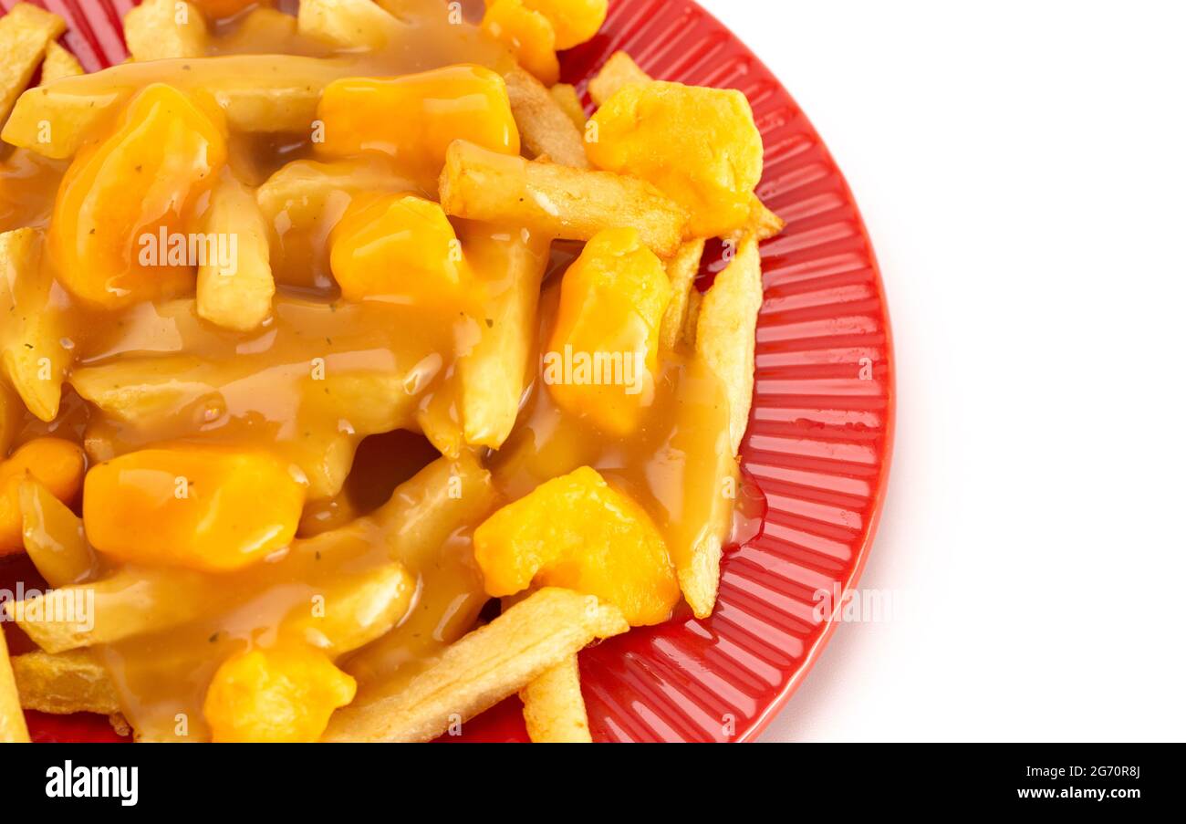 Poutine with Orange Cheddar Cheese with Brown Gravy on French Fries ...