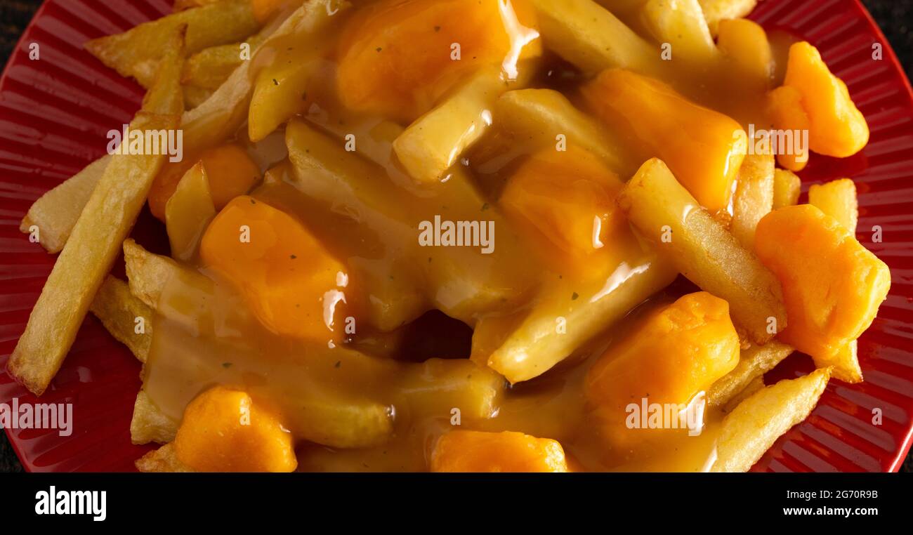Poutine with Orange Cheddar Cheese with Brown Gravy on French Fries ...
