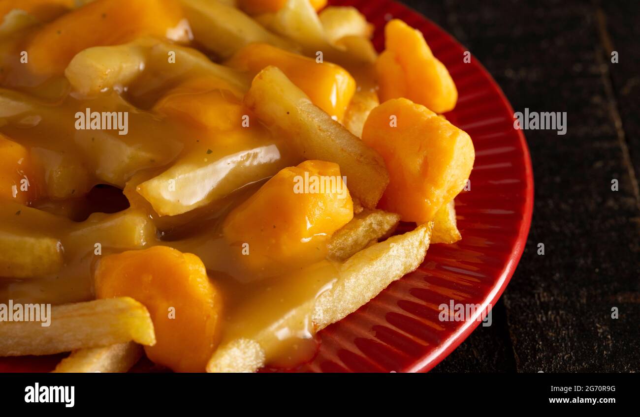 Poutine with Orange Cheddar Cheese with Brown Gravy on French Fries ...