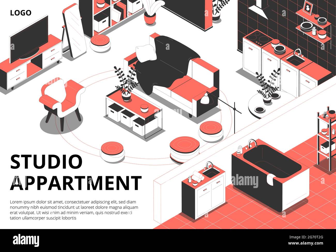 Studio apartment isometric background with domestic view of rooms with ...