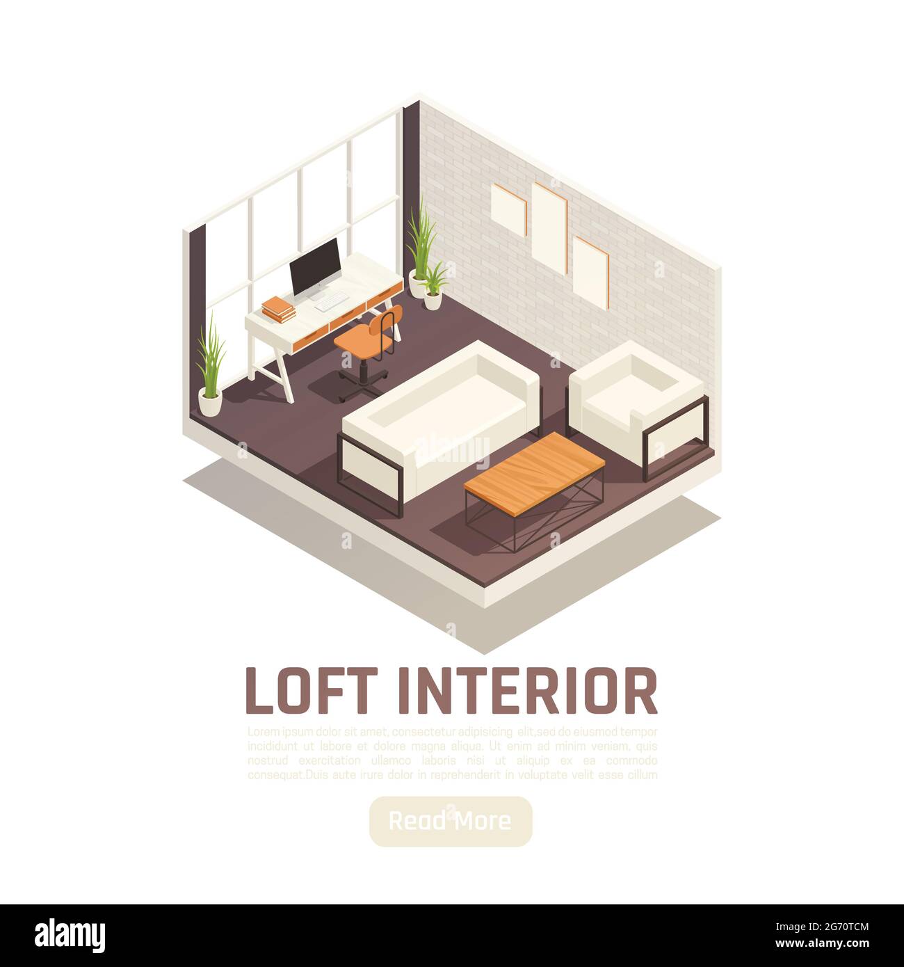 Modern loft study interior isometric design with window glass wall ...
