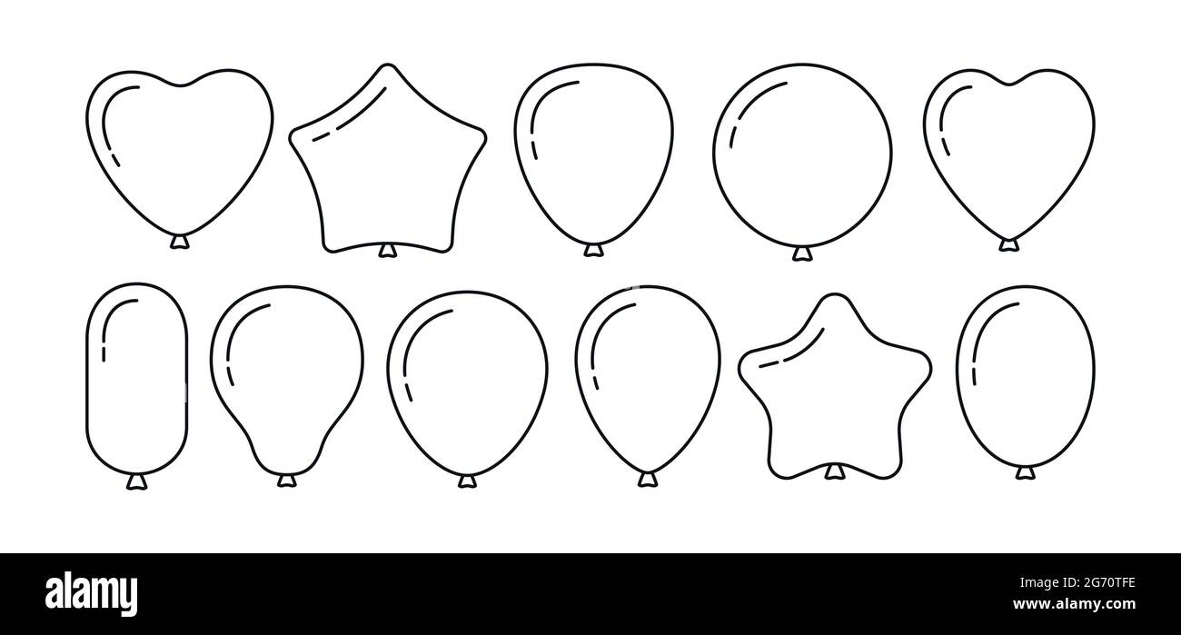 Balloon birthday black line cartoon set. Outline symbol glossy helium ...