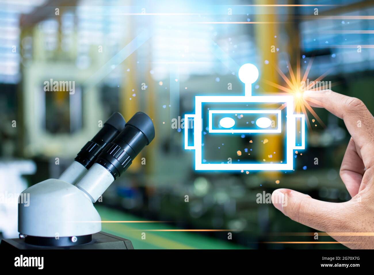 Hand holding robot engineer factory inspection computer control with ...