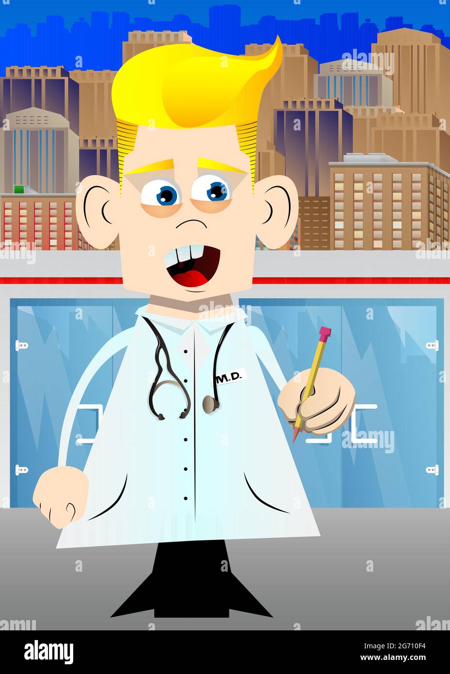 Funny cartoon doctor holding a pencil in his hand. Vector illustration ...
