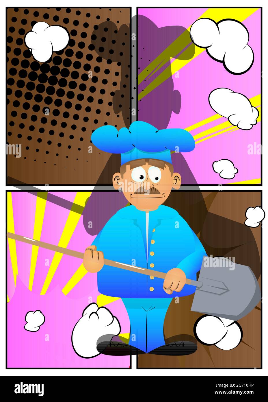 Fat male cartoon chef in uniform holding a shovel. Vector illustration ...