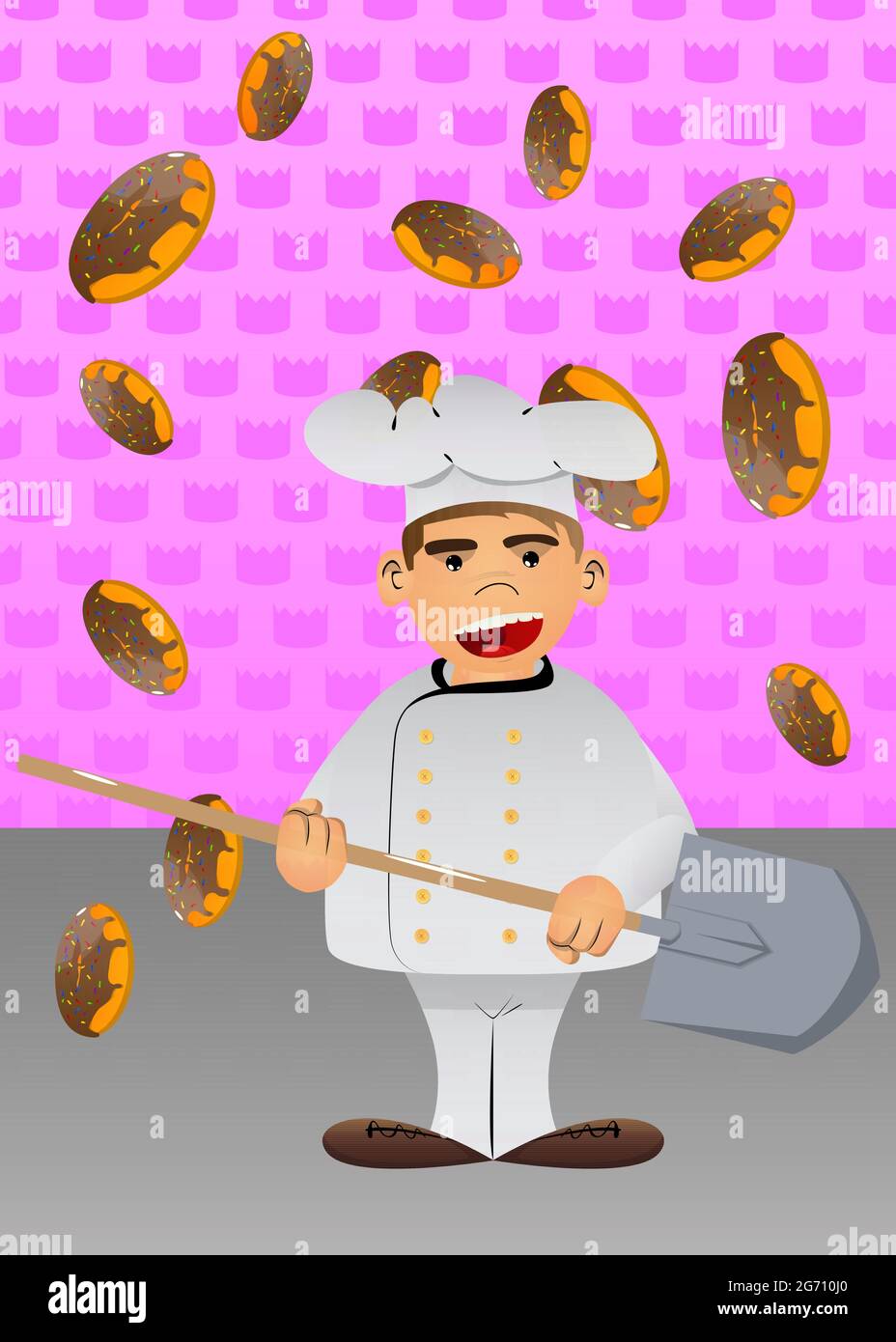 Fat male cartoon chef in uniform holding a shovel. Vector illustration ...