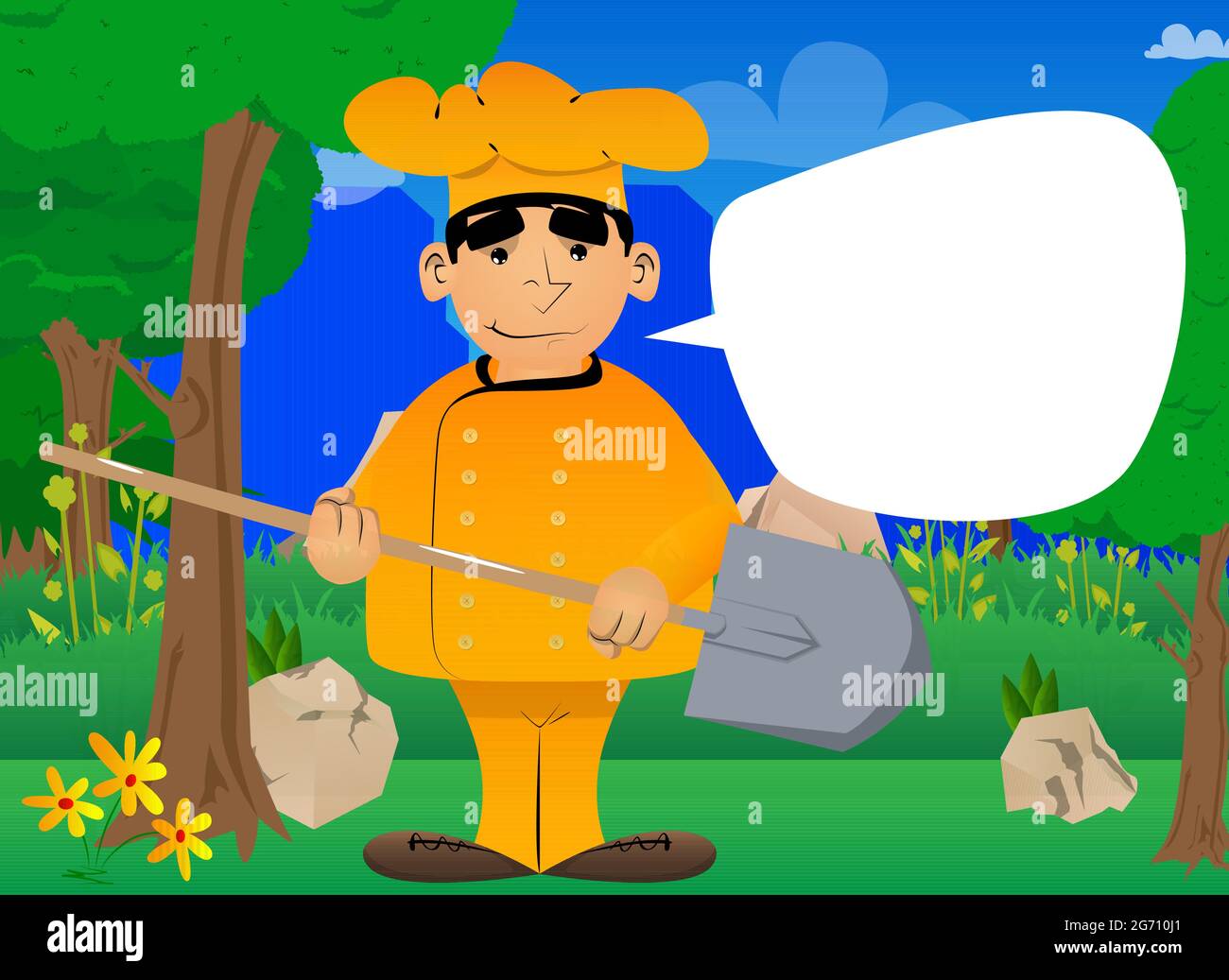 Fat male cartoon chef in uniform holding a shovel. Vector illustration ...