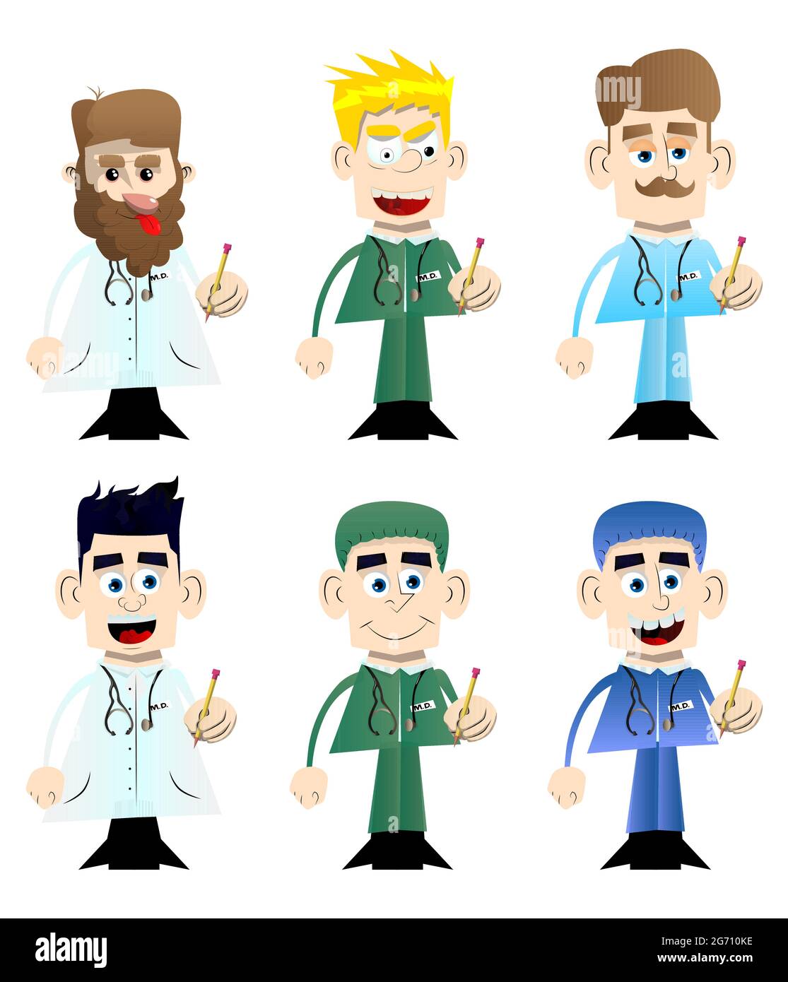 Funny cartoon doctor holding a pencil in his hand. Vector illustration ...