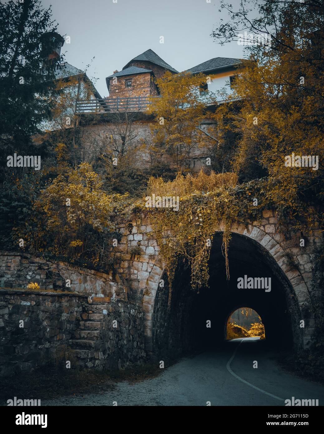 Vertical shot of an arched bridge over the road with houses Stock Photo ...