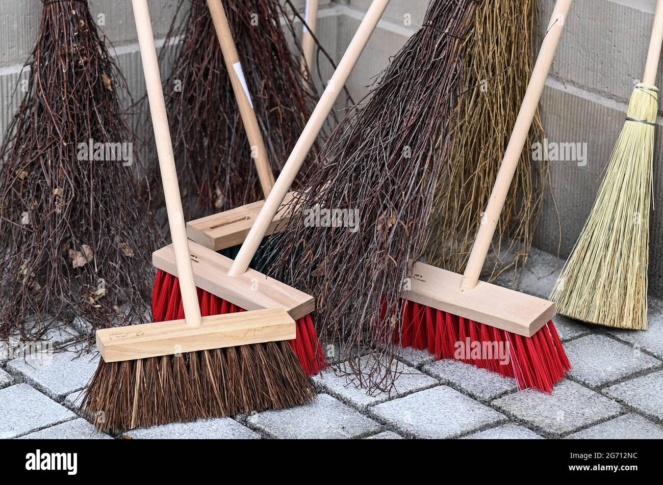 Berlin, Germany. 09th July, 2021. At a "broom casting" different brooms ...