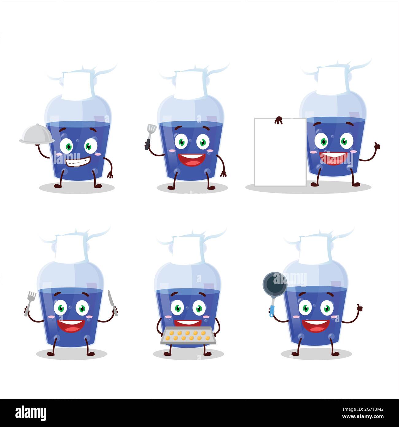 Cartoon character of blue magic potion with various chef emoticons ...
