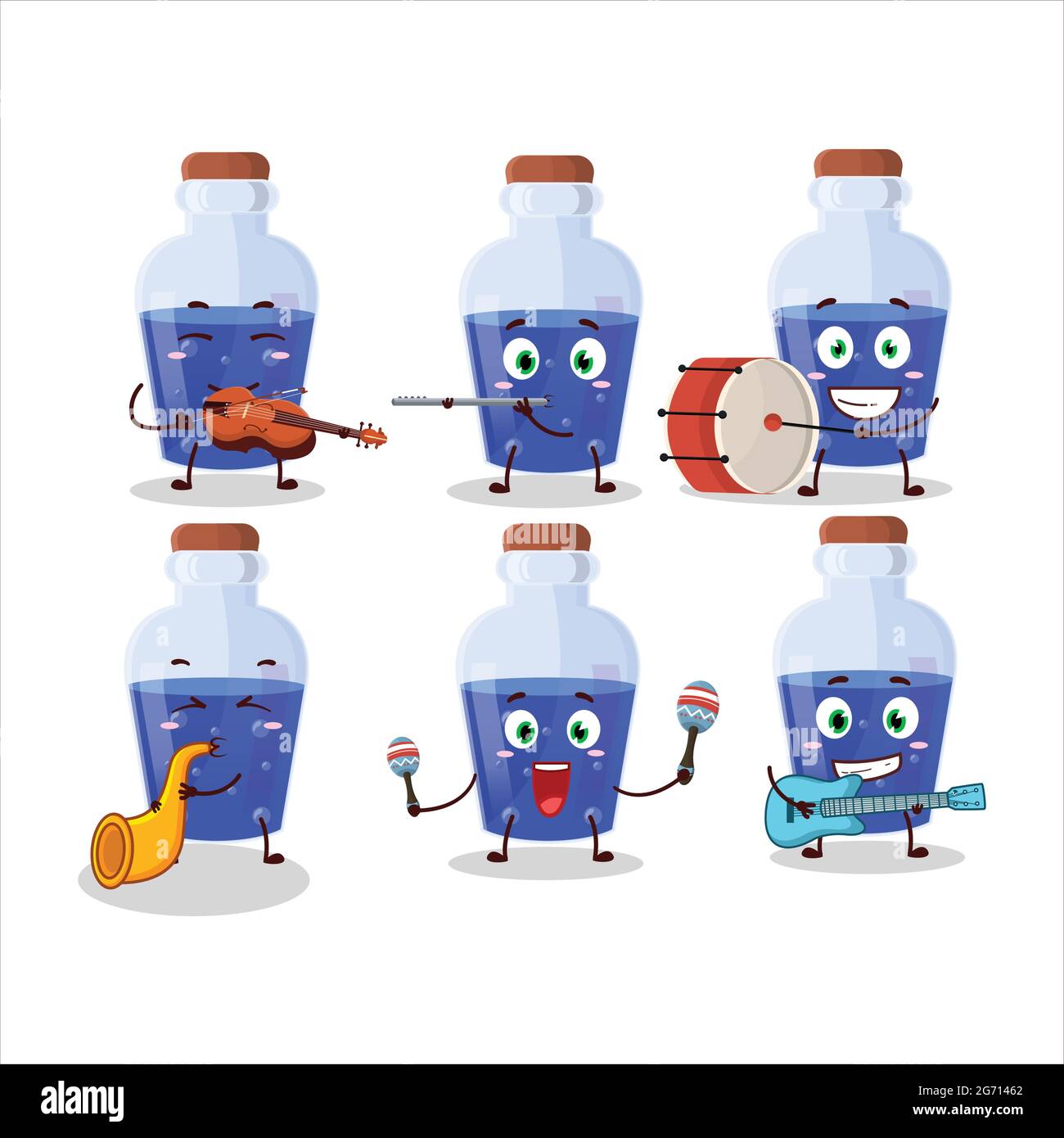 Cartoon character of blue magic potion playing some musical instruments ...