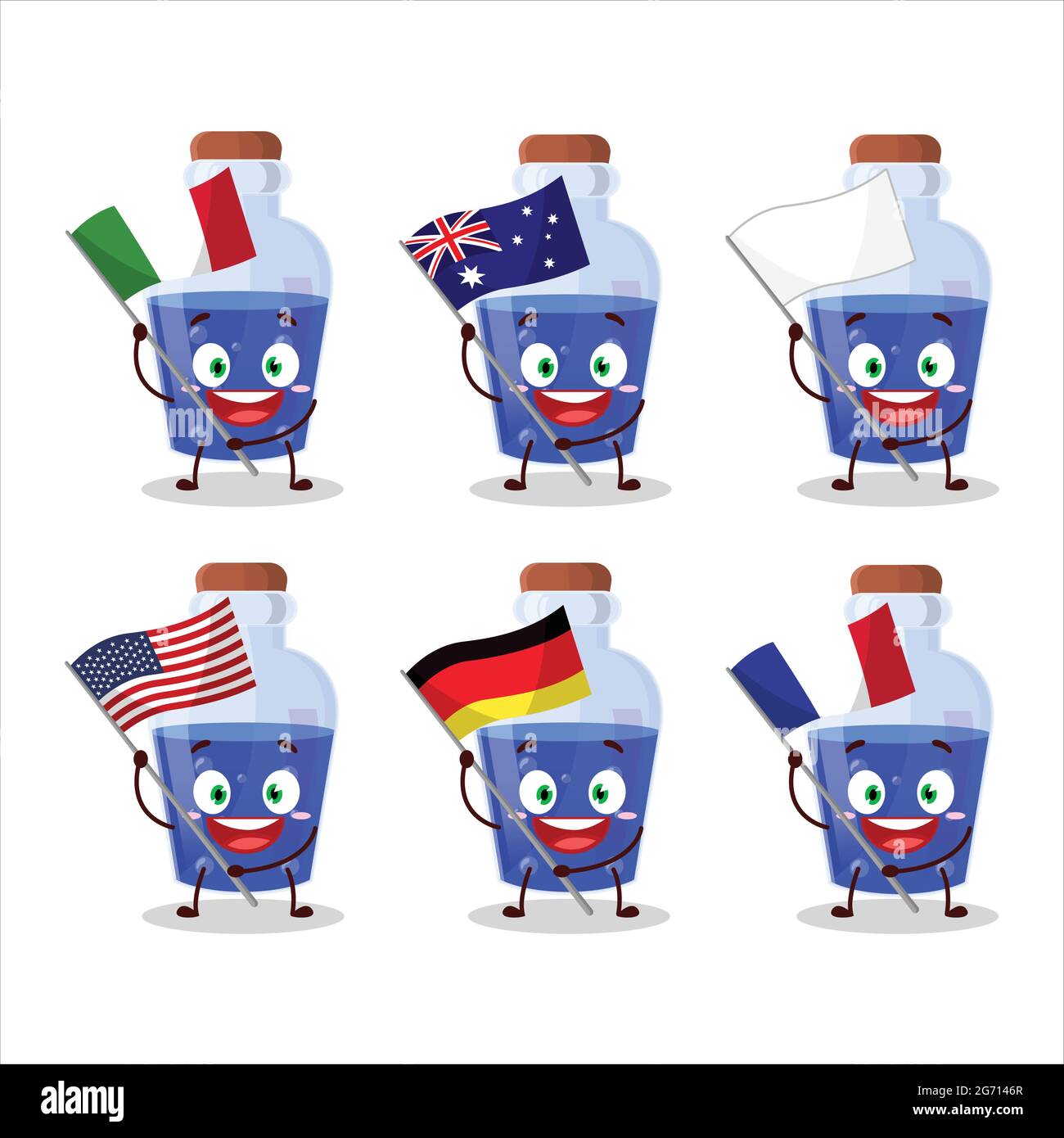 Blue magic potion cartoon character bring the flags of various ...