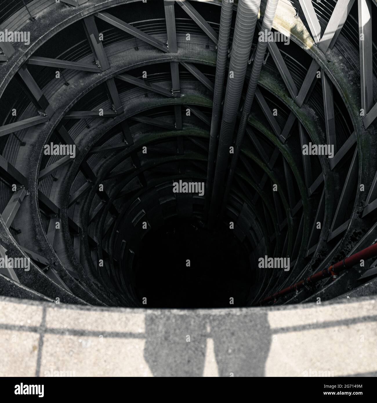 Overhead of metal circular tower from inside with pattern design Stock ...