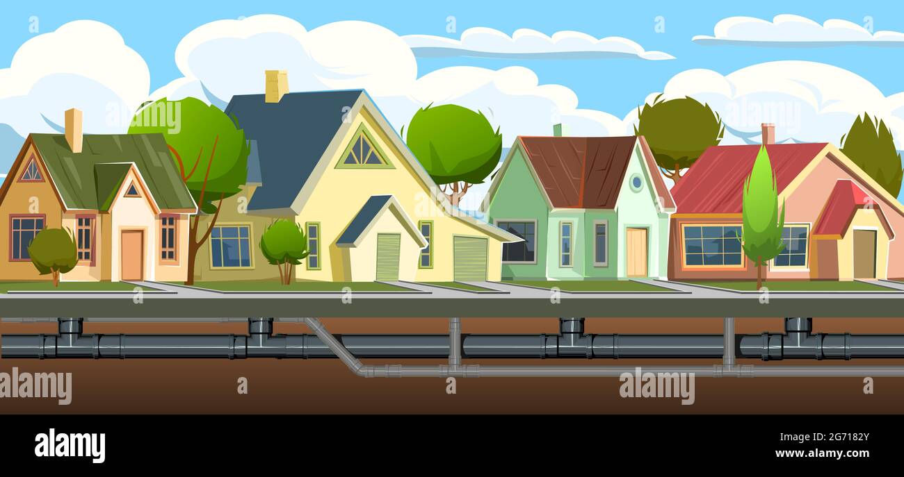 Pipeline for various purposes. Underground part of system. Cartoon town ...