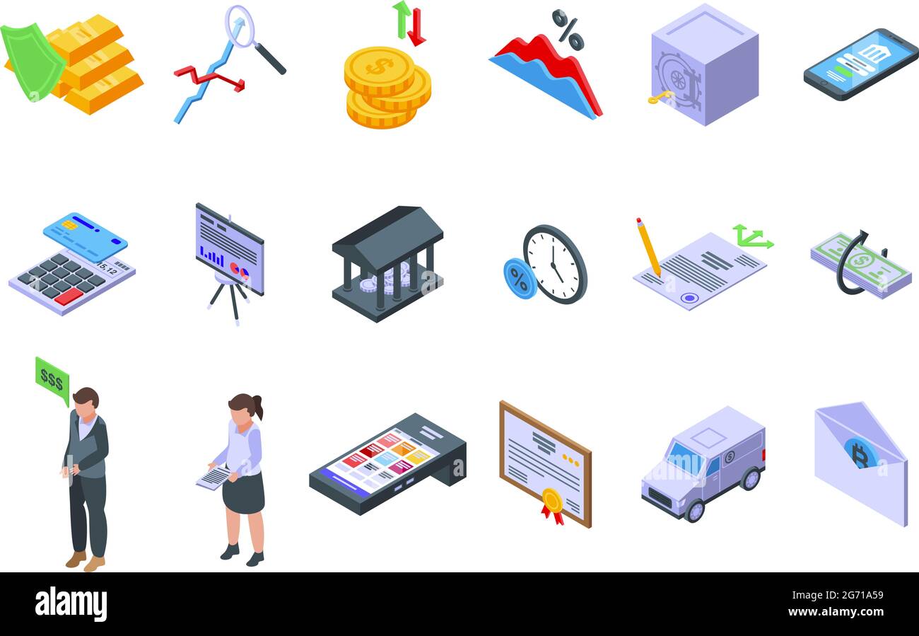 Bank reserves icons set isometric vector. Check gold money. Moneybox ...