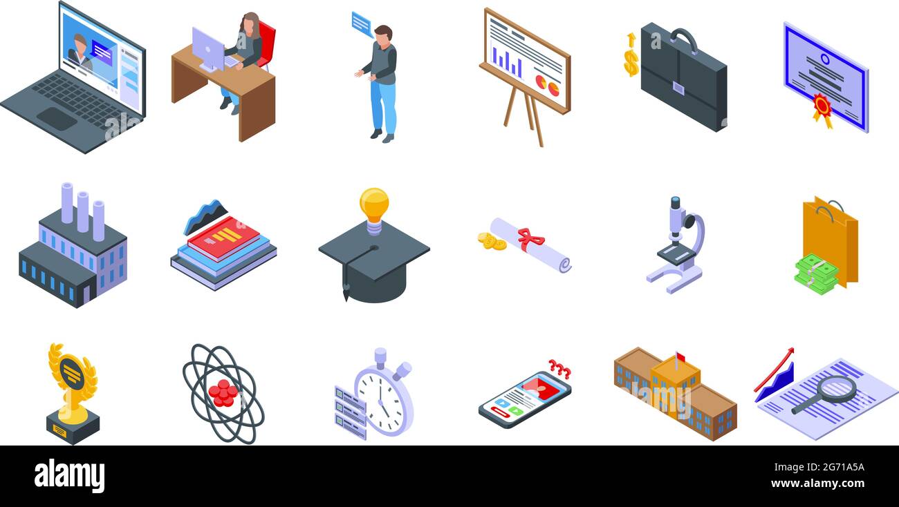 Business school icons set isometric vector. Training learn. University ...