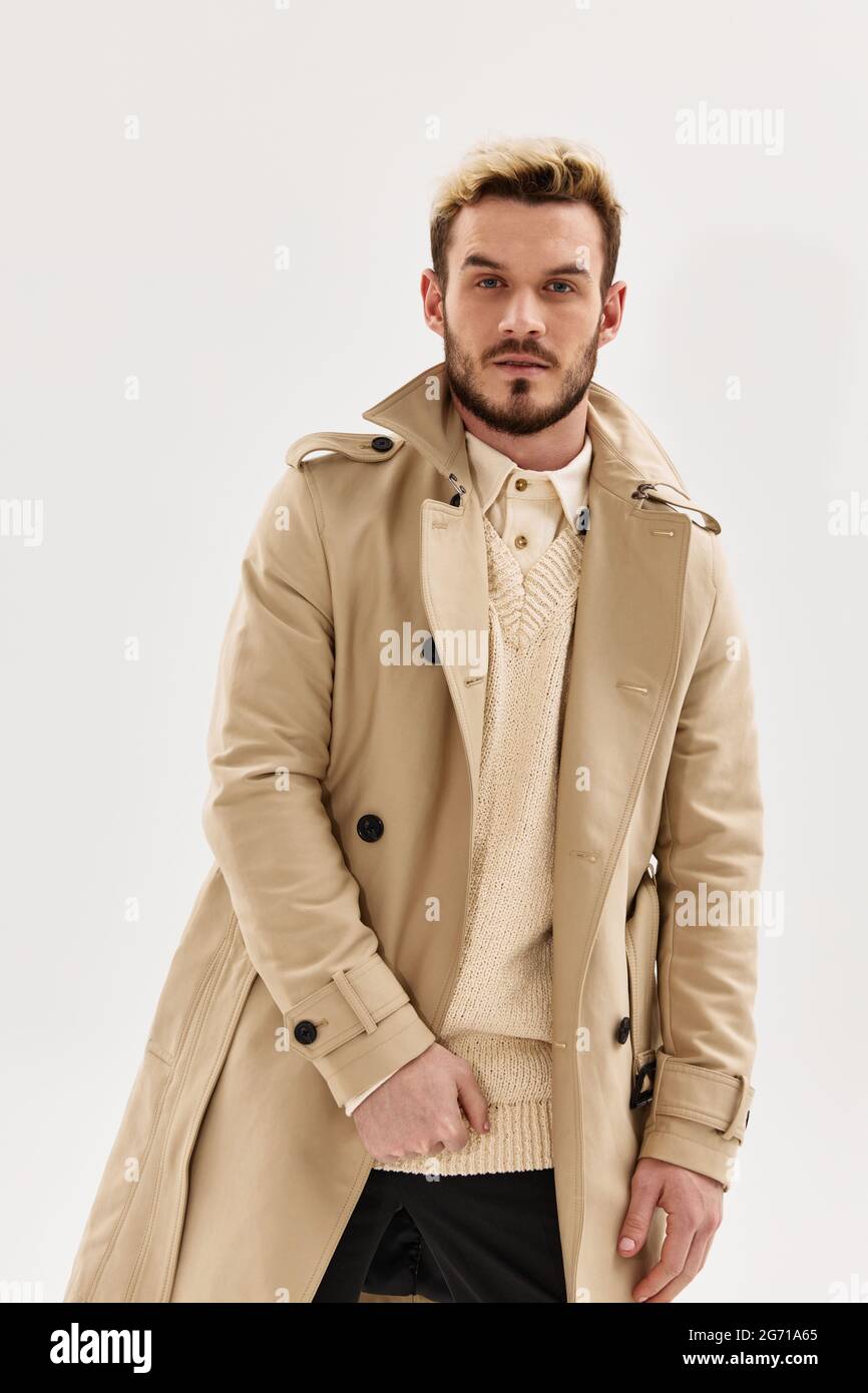 handsome bearded man in coat autumn style look forward isolated ...