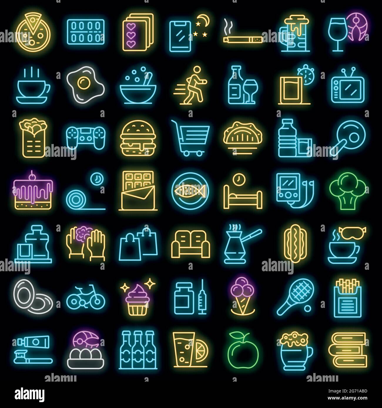 Habit icons set. Outline set of habit vector icons neon color on black ...